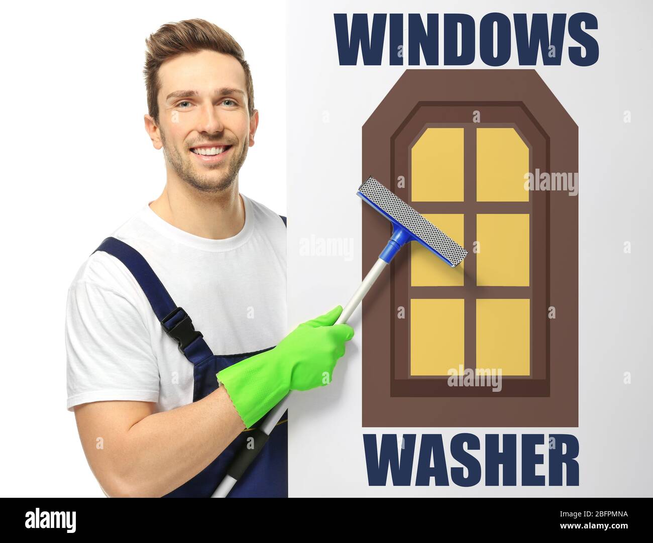 Young window cleaner with squeegee and poster on white background Stock ...