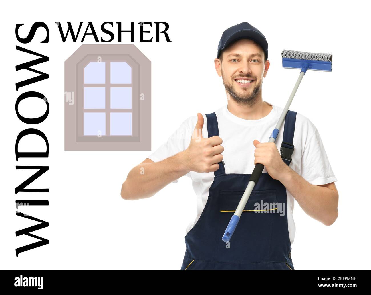 Young window cleaner with squeegee on white background Stock Photo - Alamy
