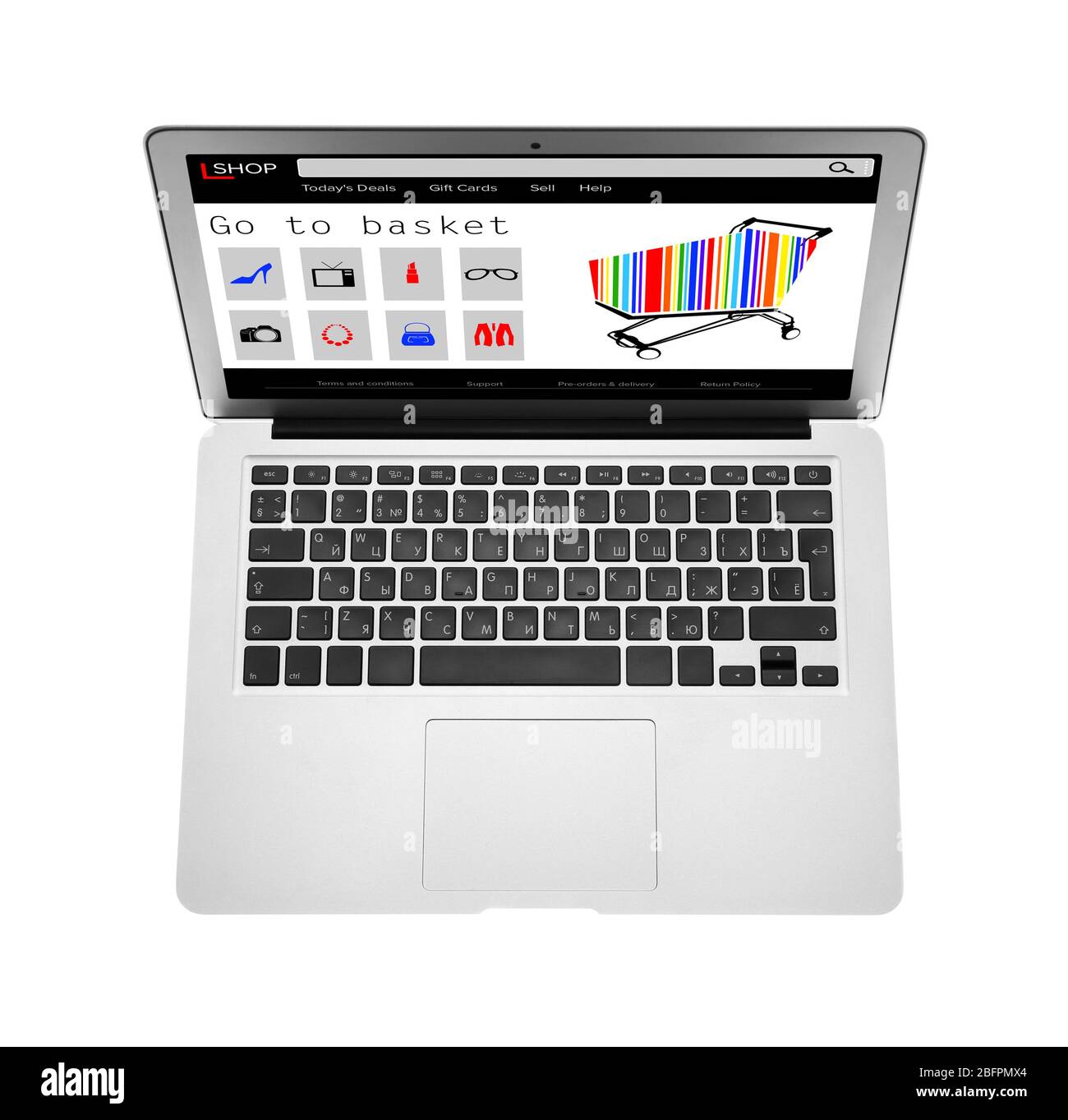 Laptop and interface of internet store website on screen, white ...