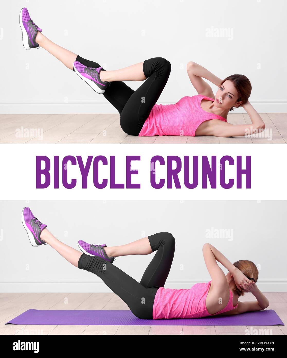 Young woman doing bicycle crunch on light wall background Stock Photo ...