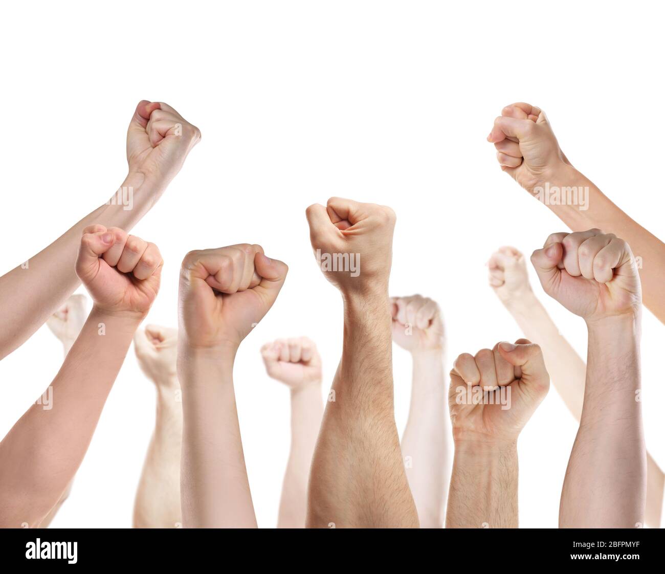 Raised human hands with clenched fists on white background. Strike and ...