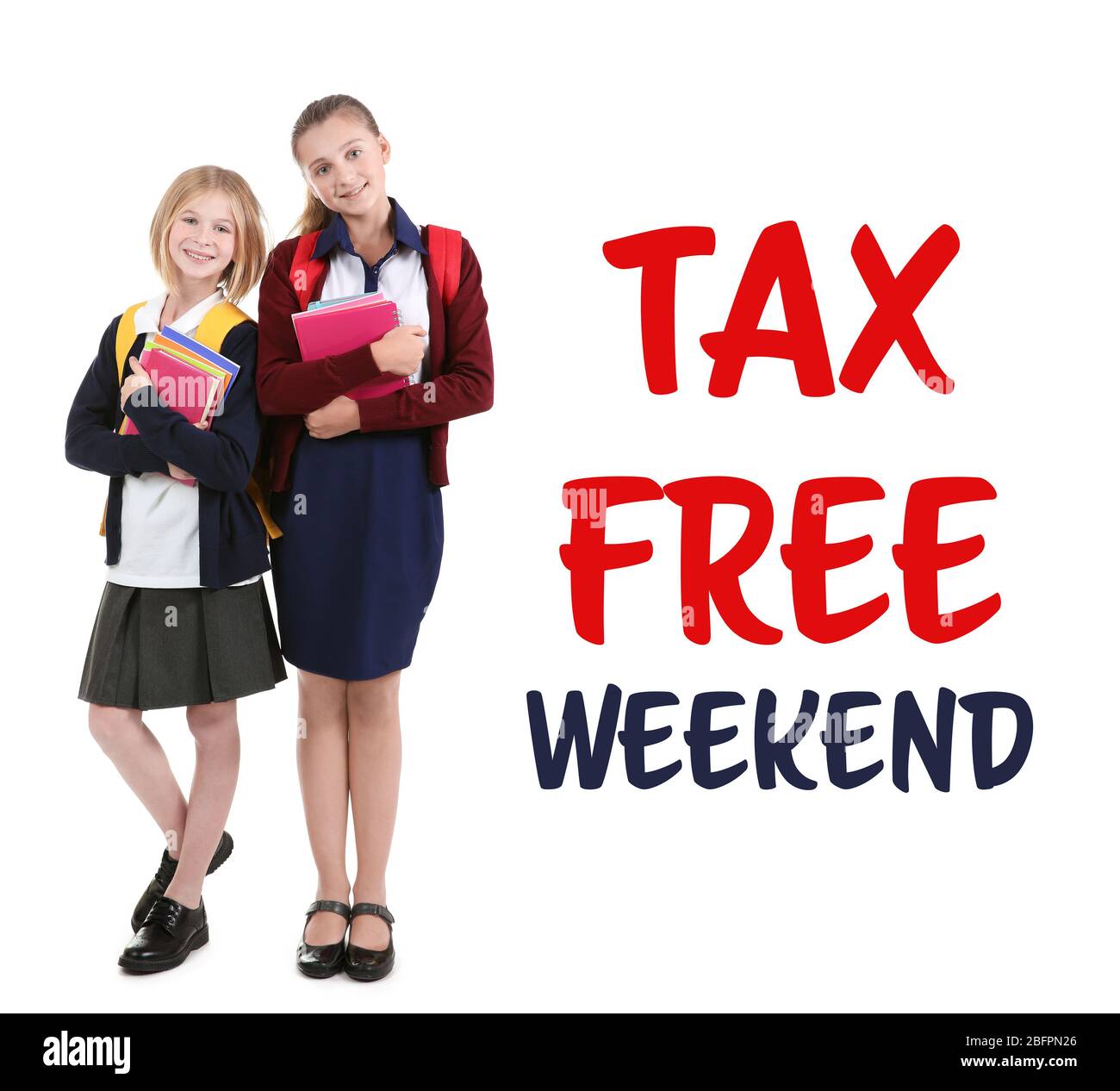 Girls with books and text TAX FREE WEEKEND on white background Stock ...