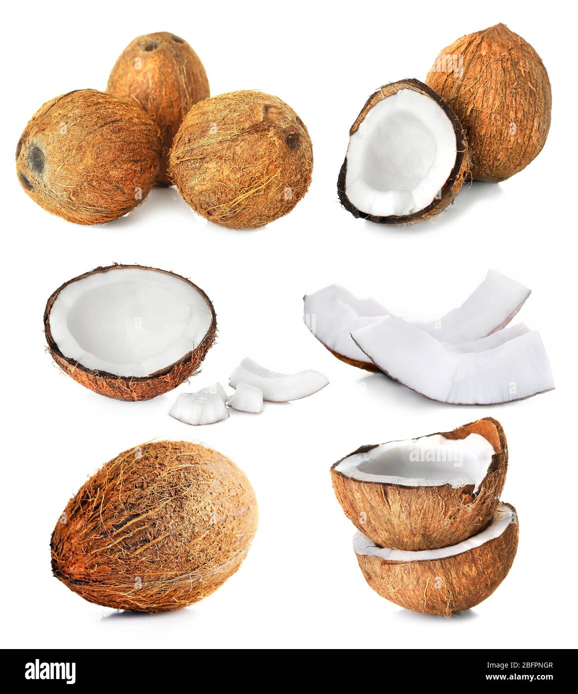 Set of coconut pieces and nuts on white background Stock Photo - Alamy