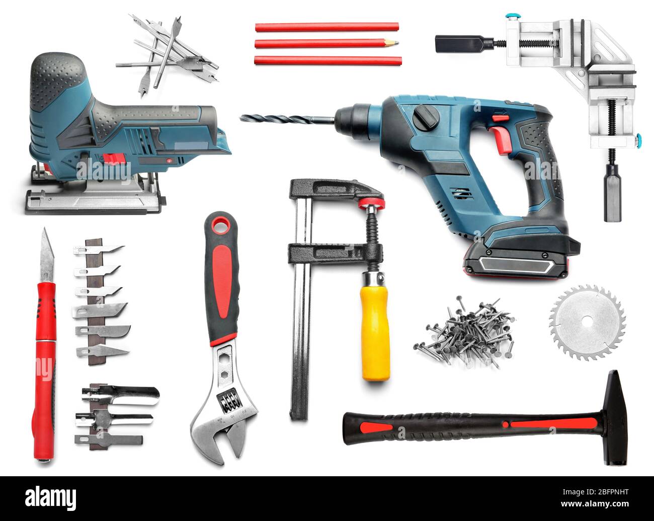 Set of carpenter's tool on white background Stock Photo - Alamy