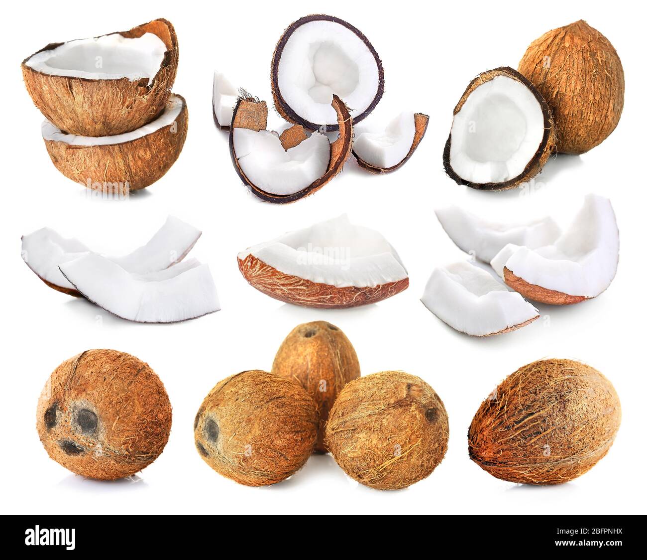 Set of coconut pieces and nuts on white background Stock Photo - Alamy