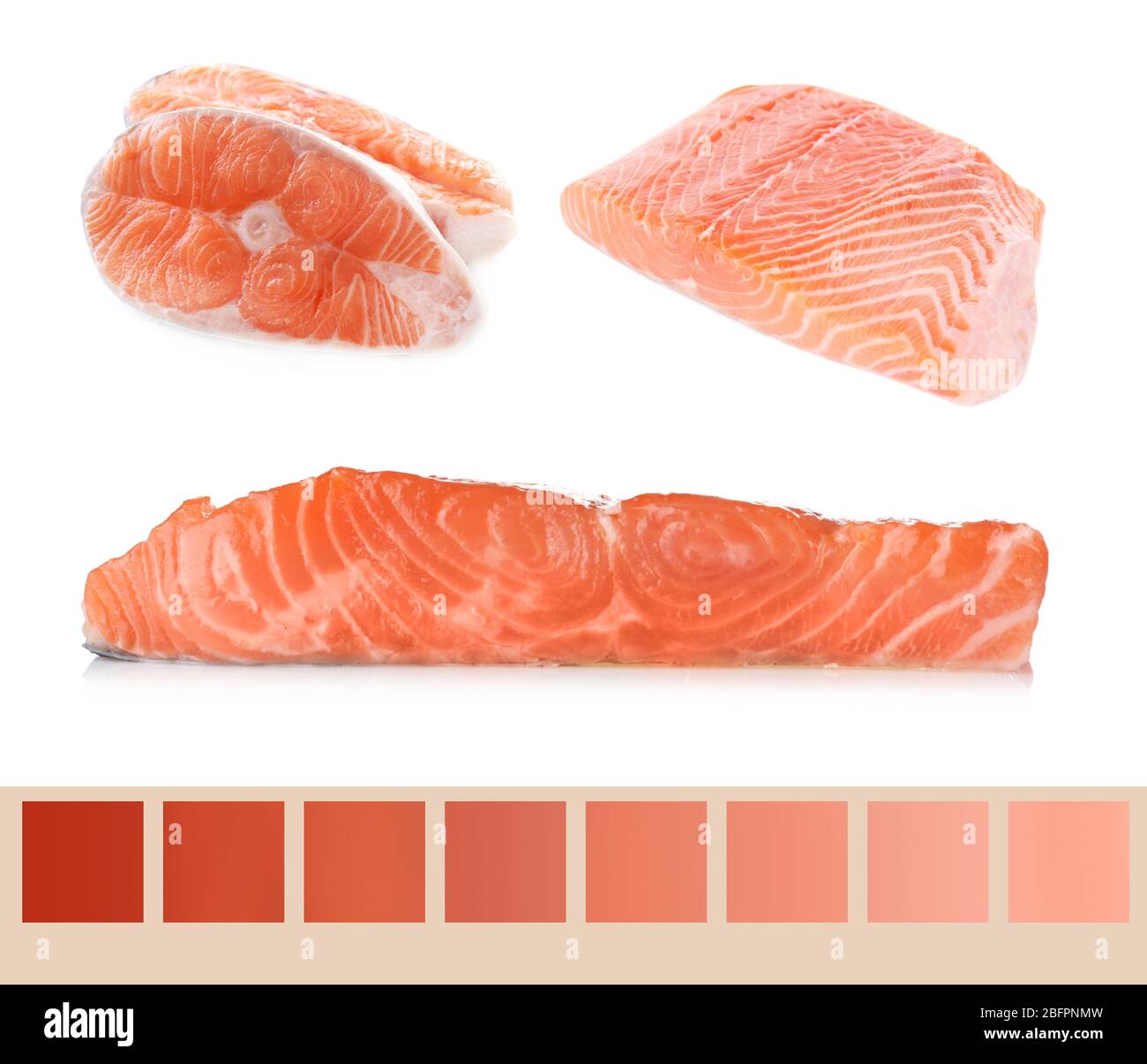 Salmon color lineal and fish pieces on white background Stock Photo - Alamy