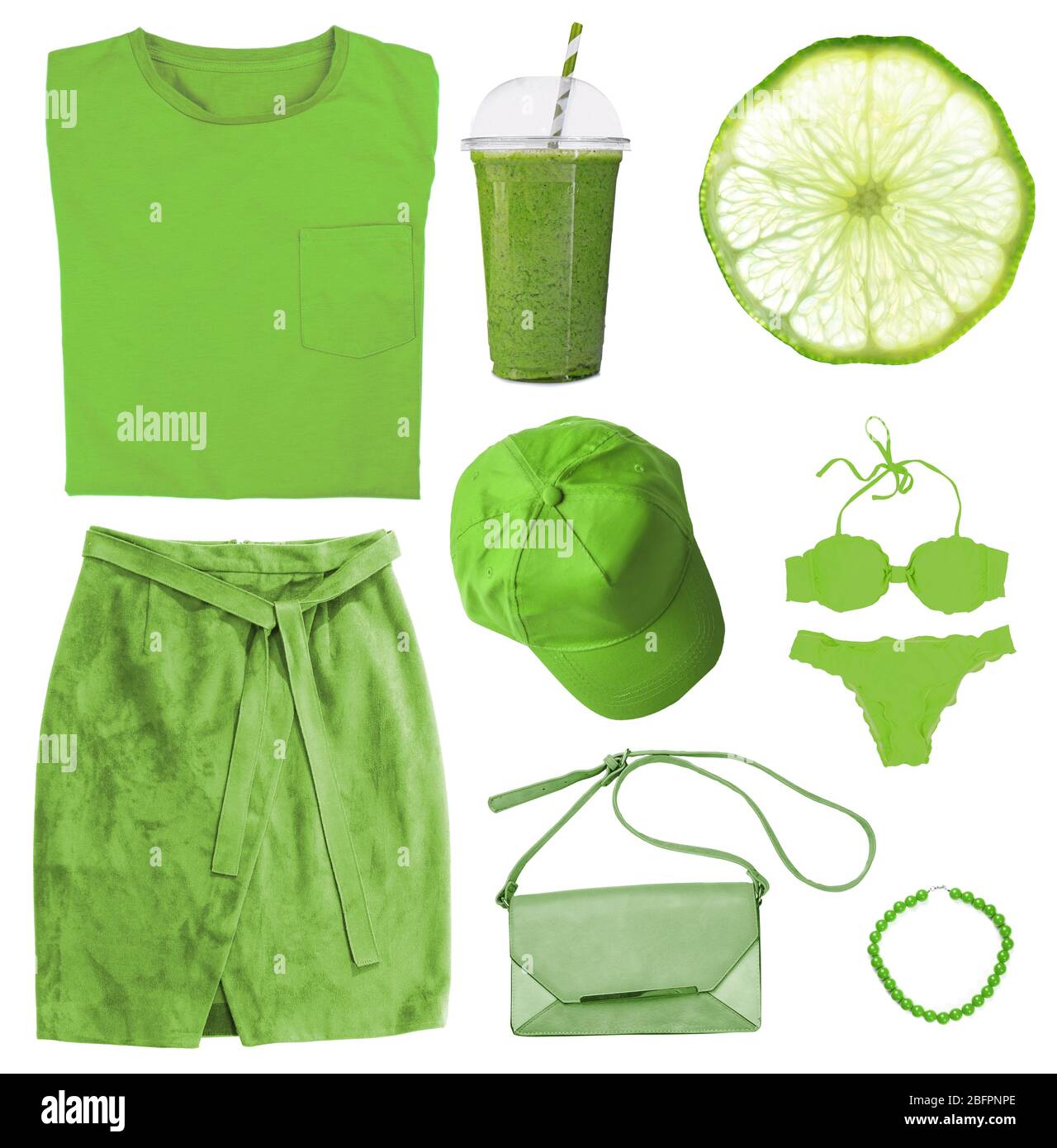Collage of greenery color clothes and accessories on white background ...