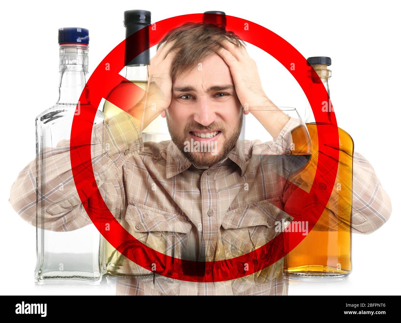 Collage of alcohol drinks in bottles, young man with headache and STOP ...