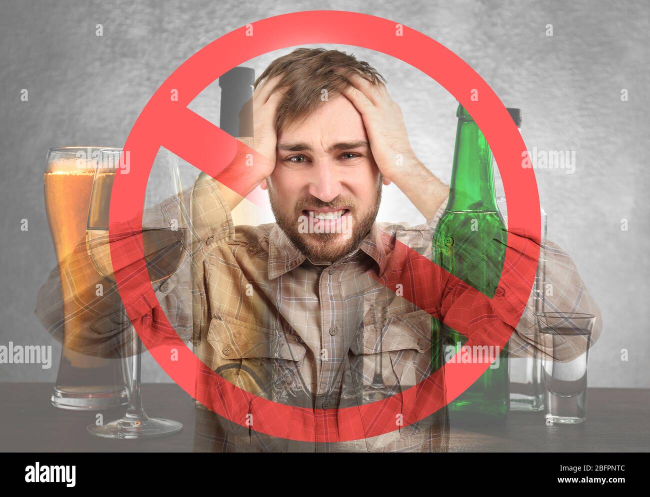 Collage of alcohol drinks in glassware, young man with headache and ...