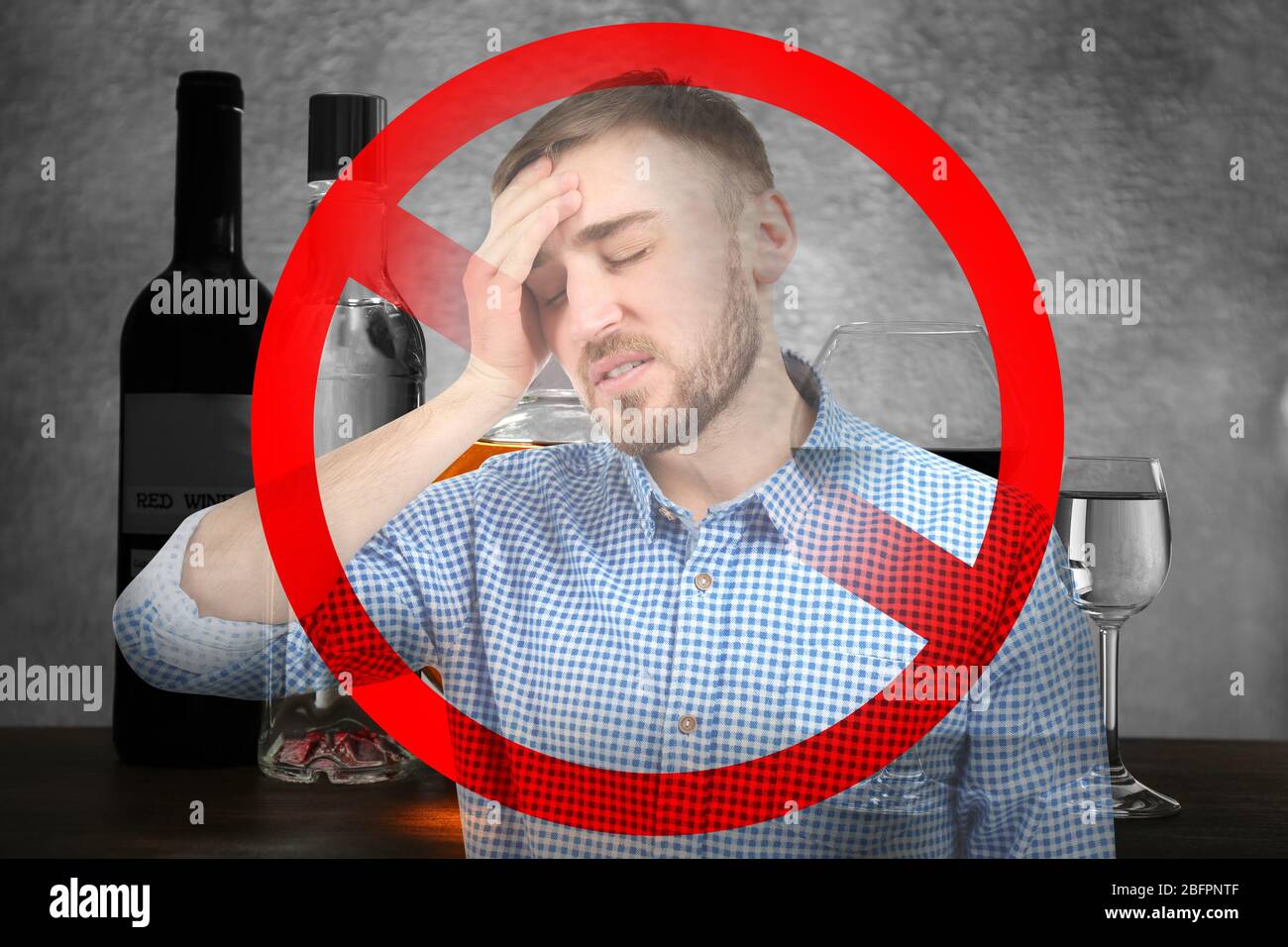 Collage of alcohol drinks in glassware, young man with headache and ...