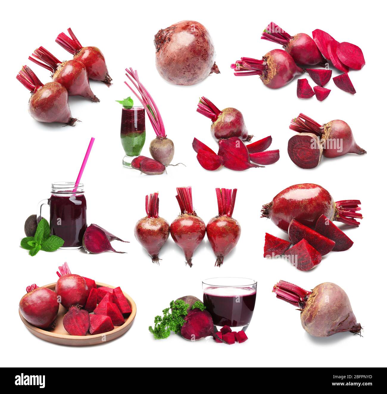 Collage of beets and juice in glassware on white background Stock Photo ...