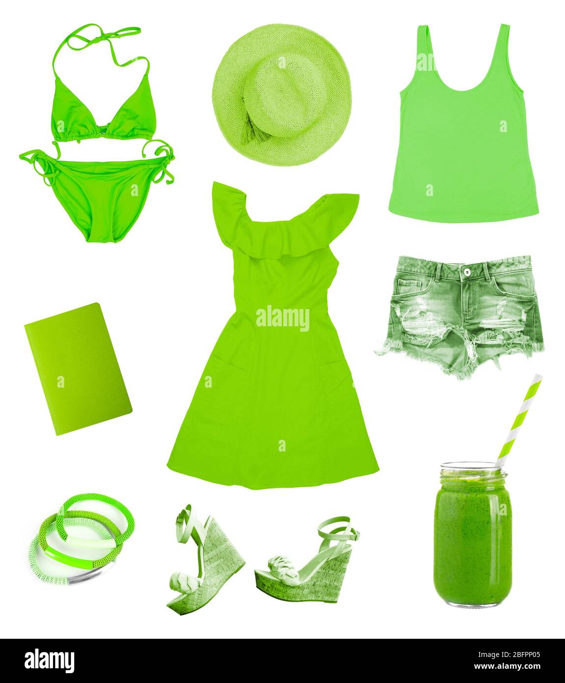 Collage of greenery color clothes and accessories on white background ...