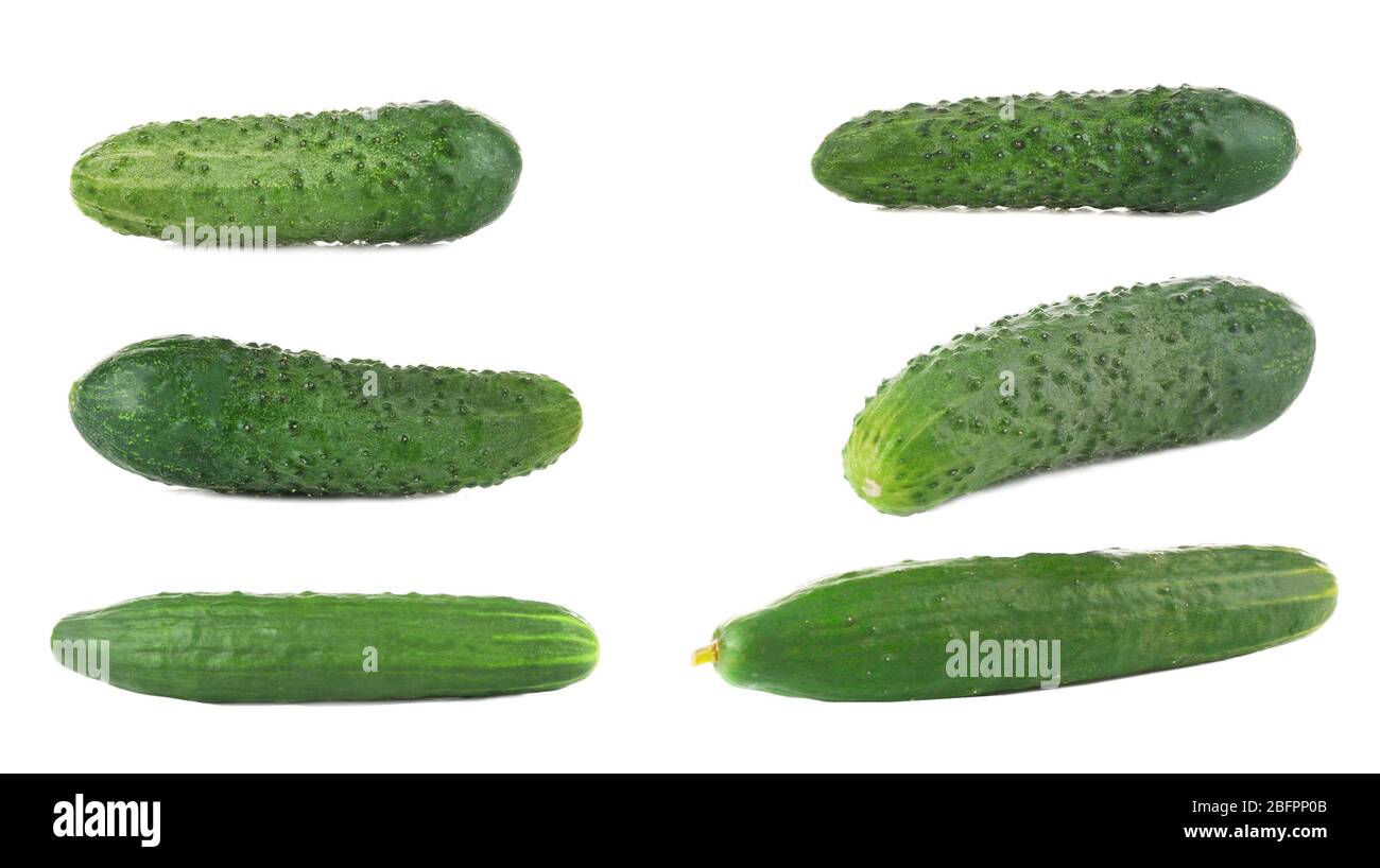 Collage of fresh cucumbers on white background Stock Photo - Alamy