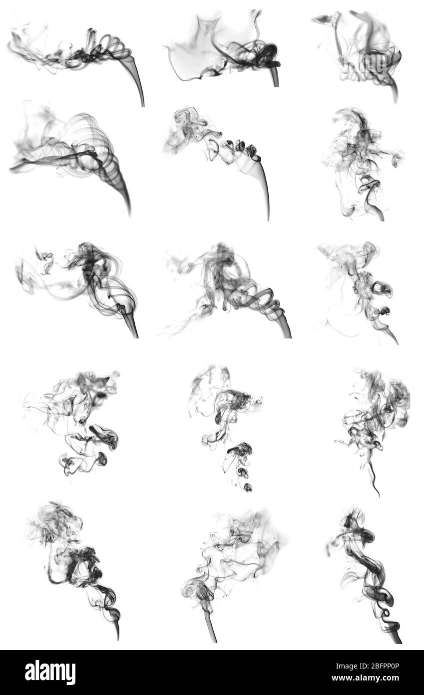 Collage of black smoke on white background Stock Photo - Alamy