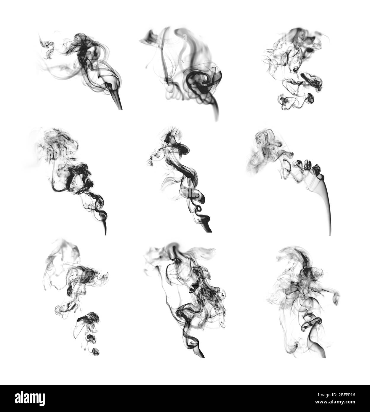 Collage of black smoke on white background Stock Photo - Alamy