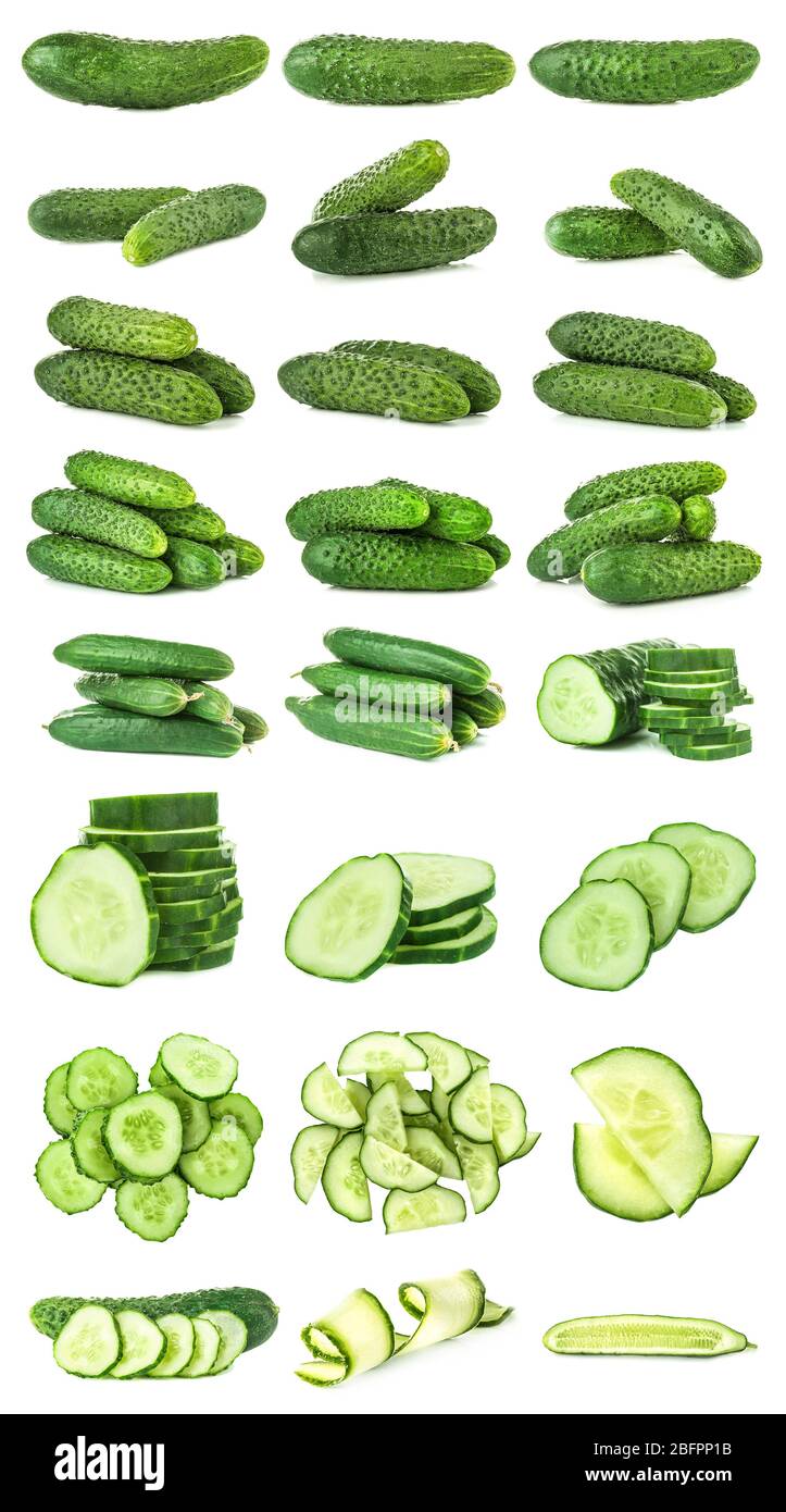 Collage of fresh cucumbers on white background Stock Photo - Alamy