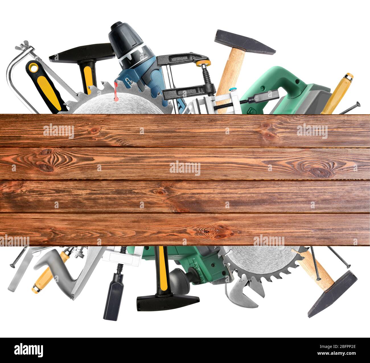 Set of carpenter's tools and wooden board on white background Stock ...