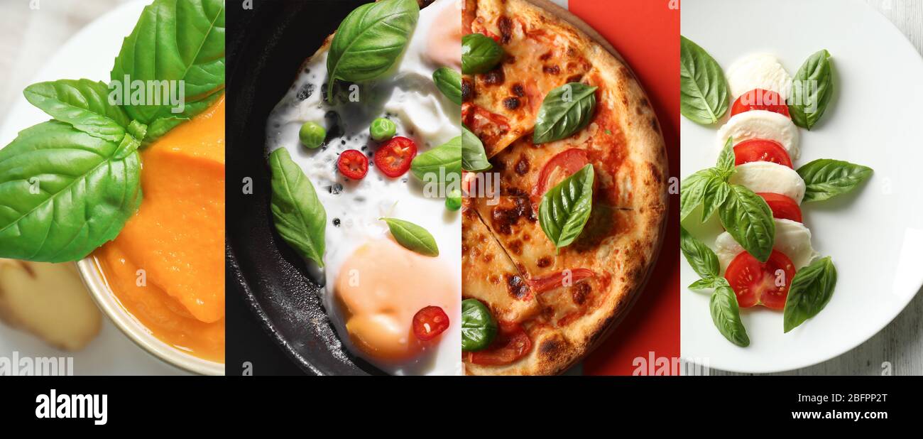 Collage of different dishes with basil leaves Stock Photo - Alamy