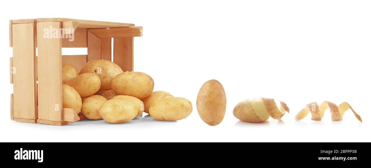 Collage of raw potatoes on white background Stock Photo - Alamy