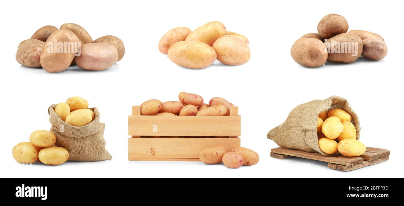 Collage of raw potatoes on white background Stock Photo - Alamy