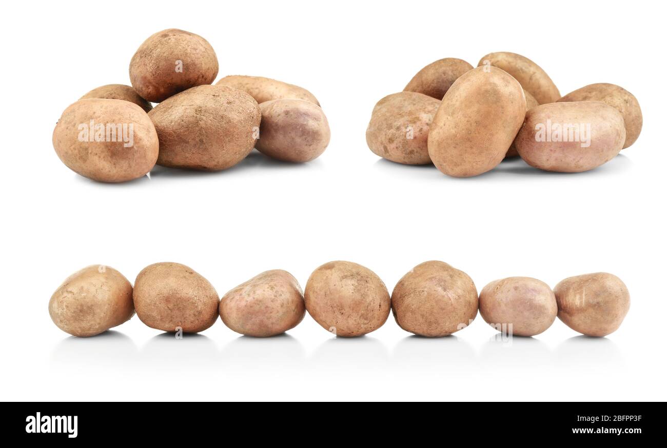 Collage of raw potatoes on white background Stock Photo - Alamy