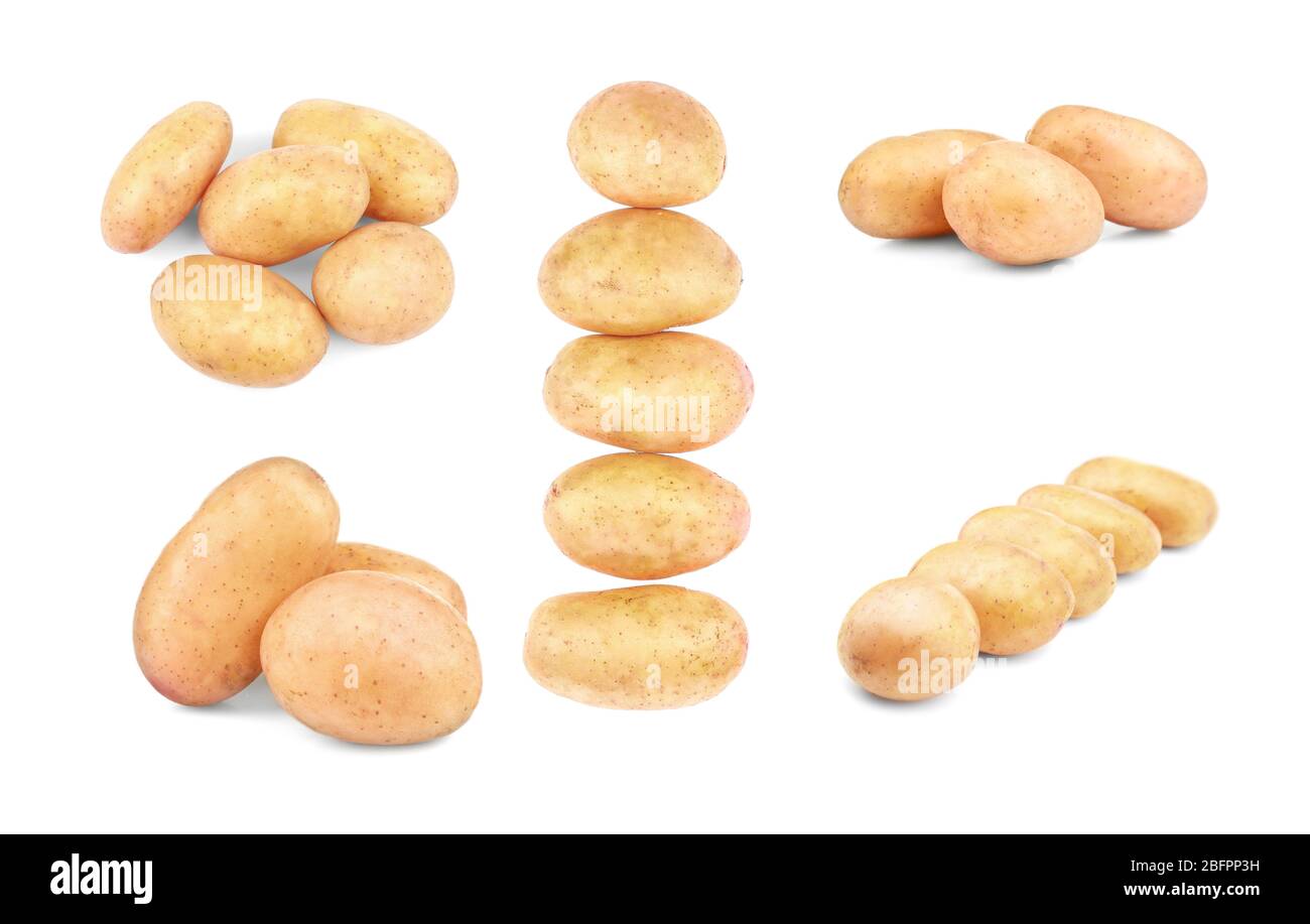 Collage of raw potatoes on white background Stock Photo - Alamy