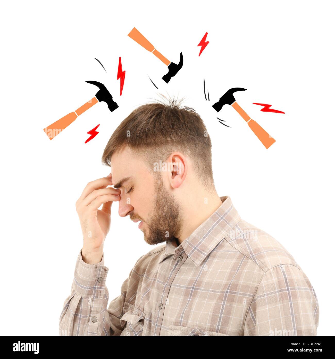 Young man suffering from headache and drawn hammers on white background ...