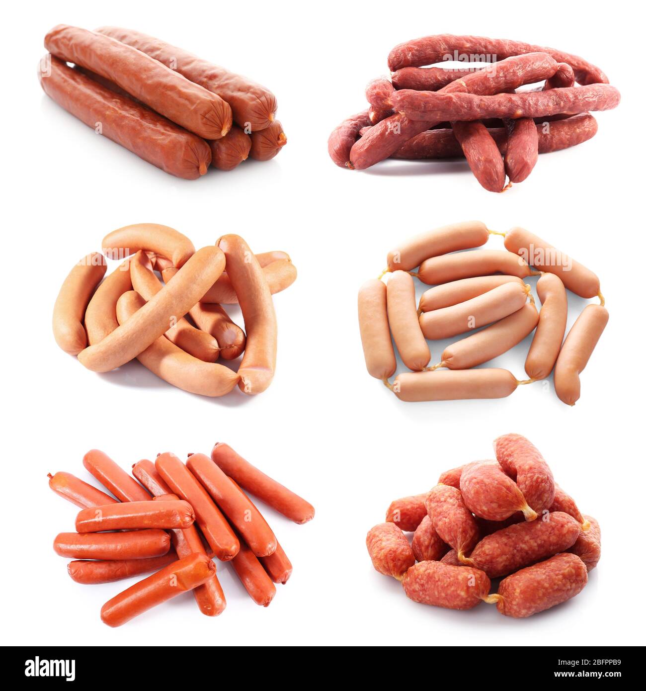 Different kinds of sausages on white background Stock Photo - Alamy
