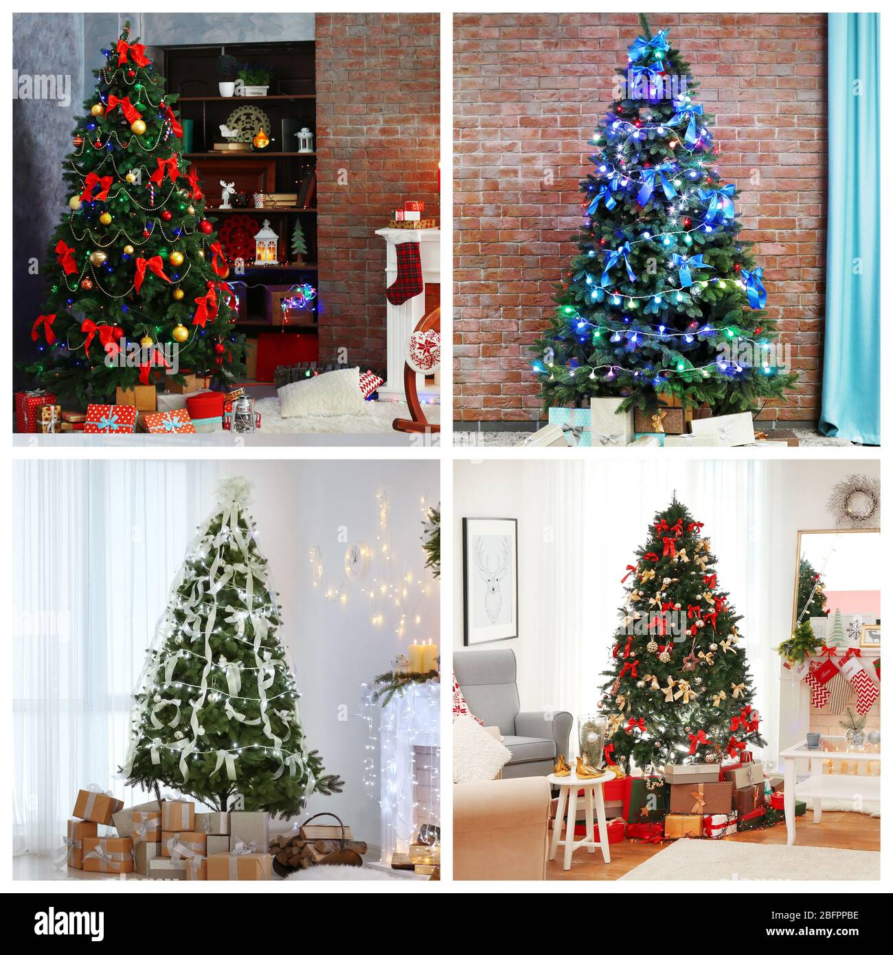 Collage of beautiful Christmas trees at home. Trendy ideas for festive ...