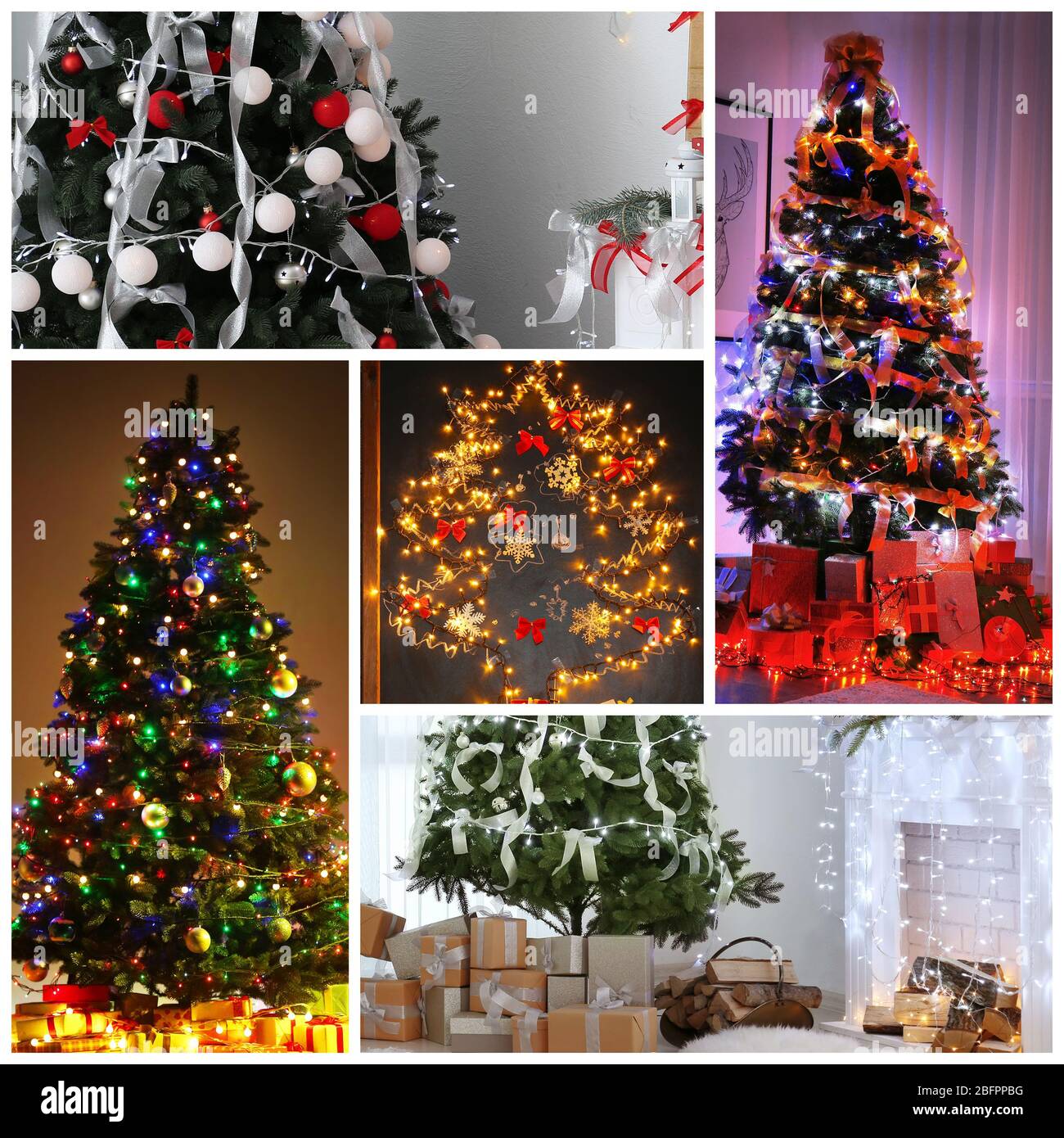 Collage of beautiful Christmas trees at home. Trendy ideas for festive ...