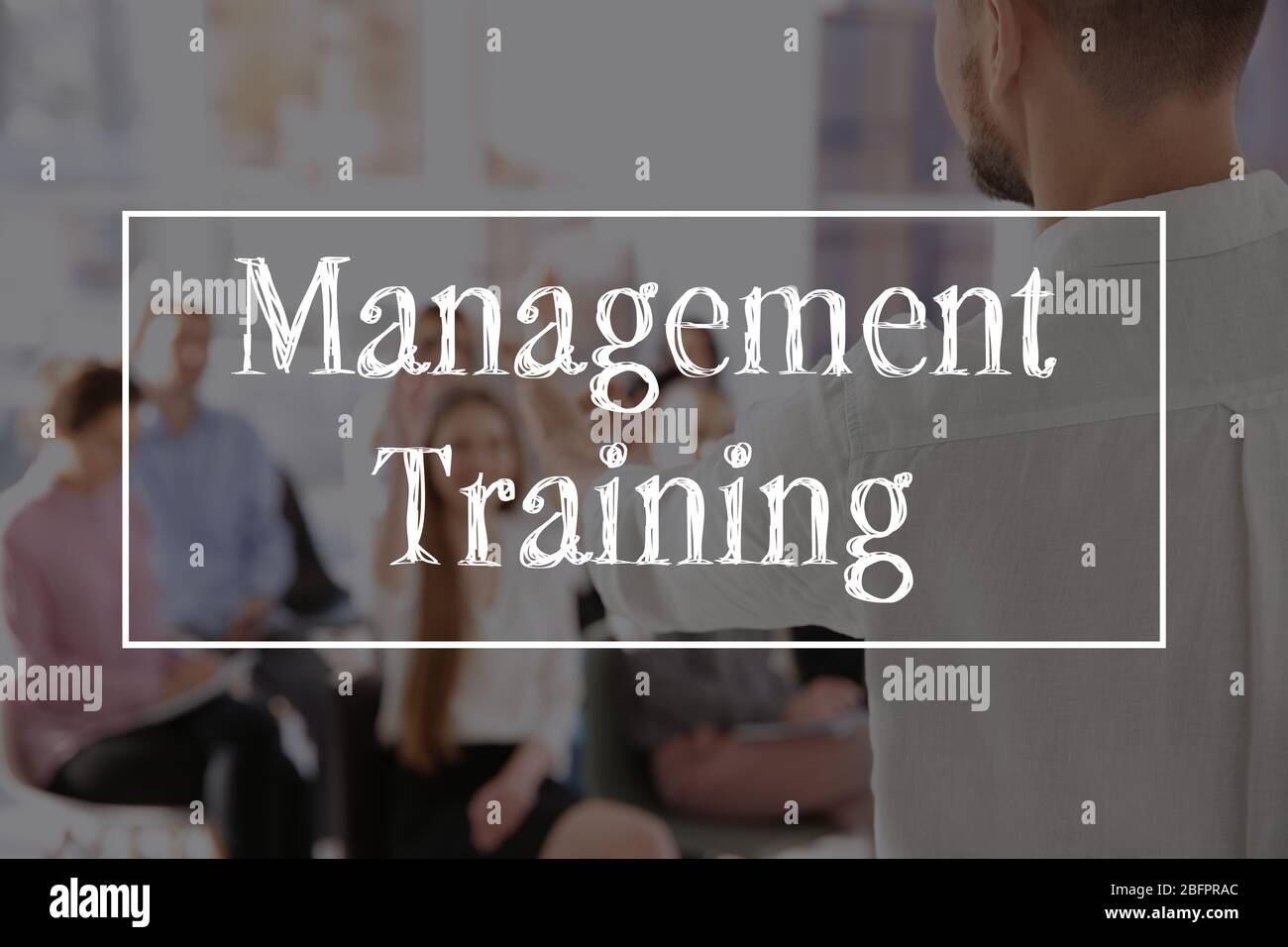 Concept of management training. Business trainer with team of managers ...