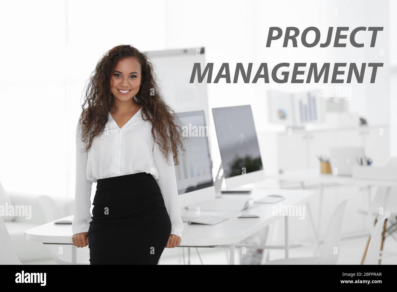 Concept of project management. African-American woman in modern office ...