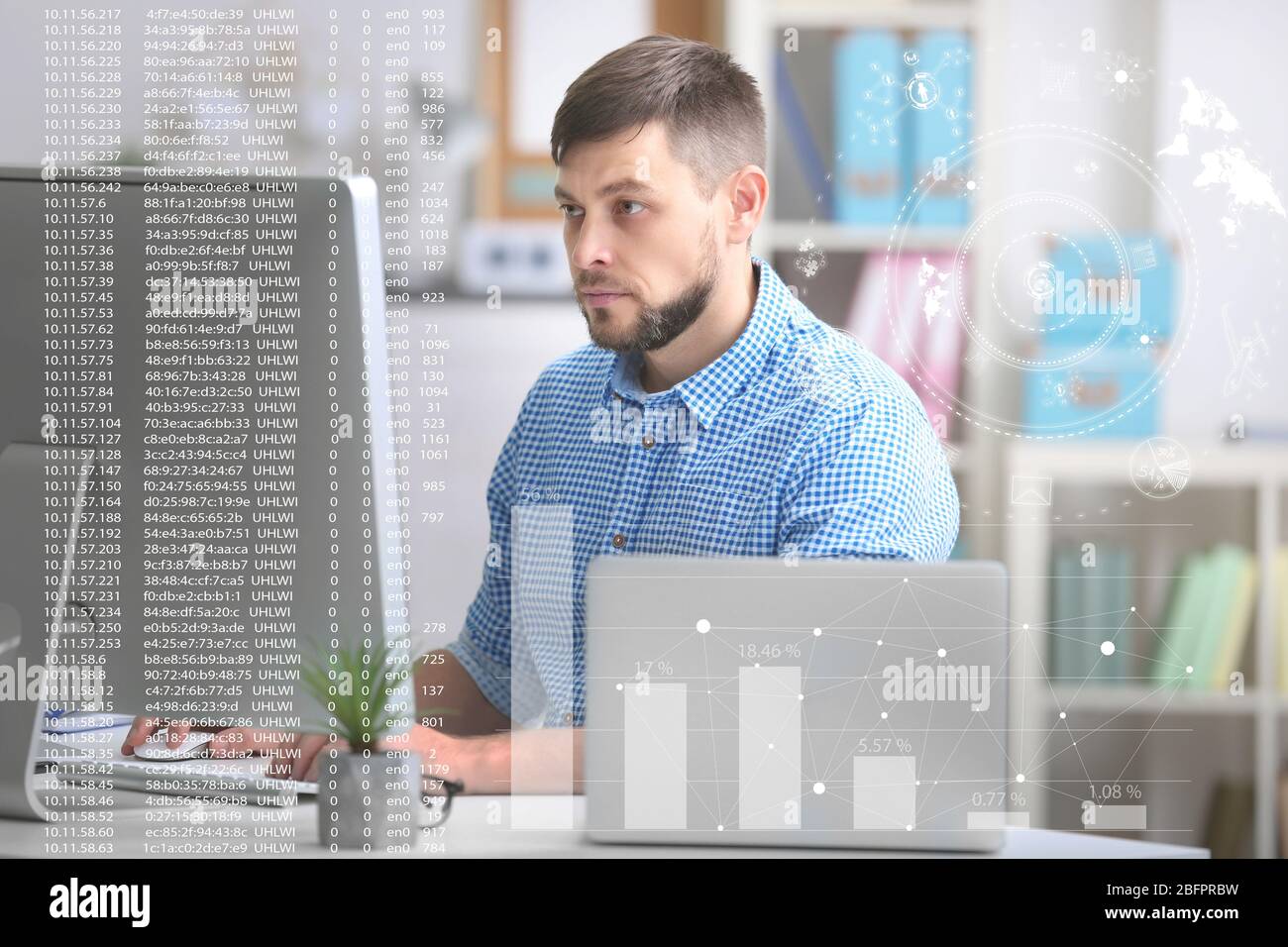 Concept of management information systems. Man working with computer at ...