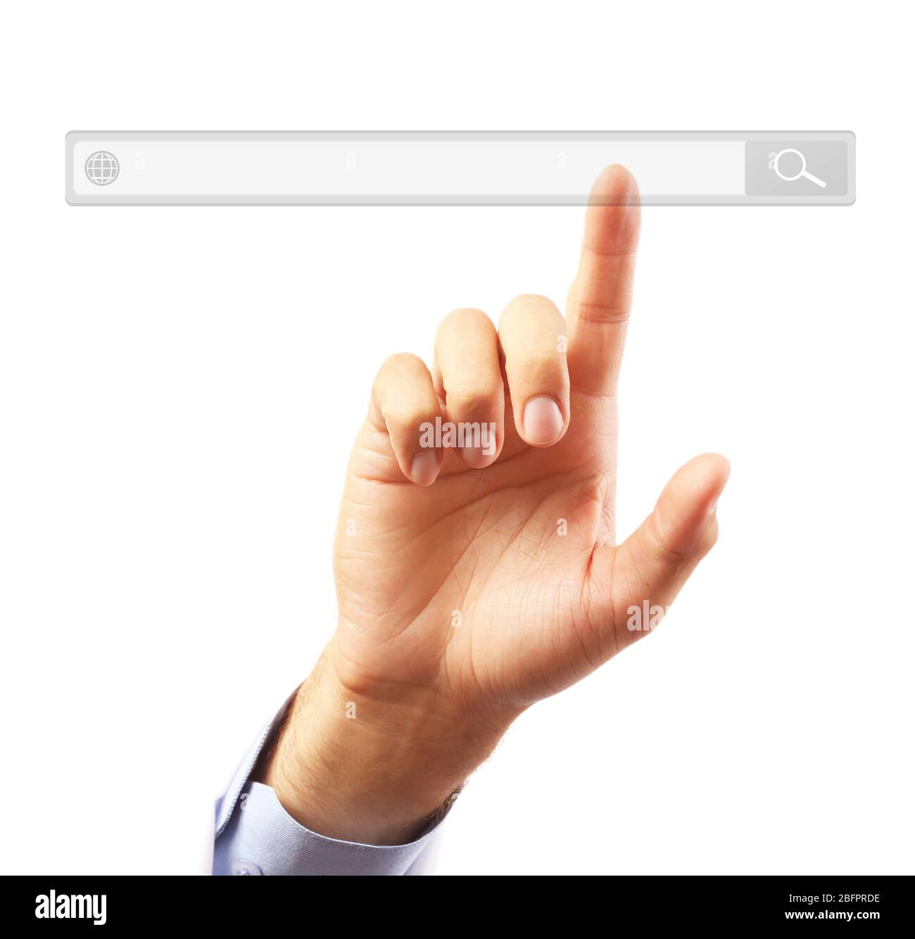 Internet shopping concept. Man clicking on browser search bar, white ...