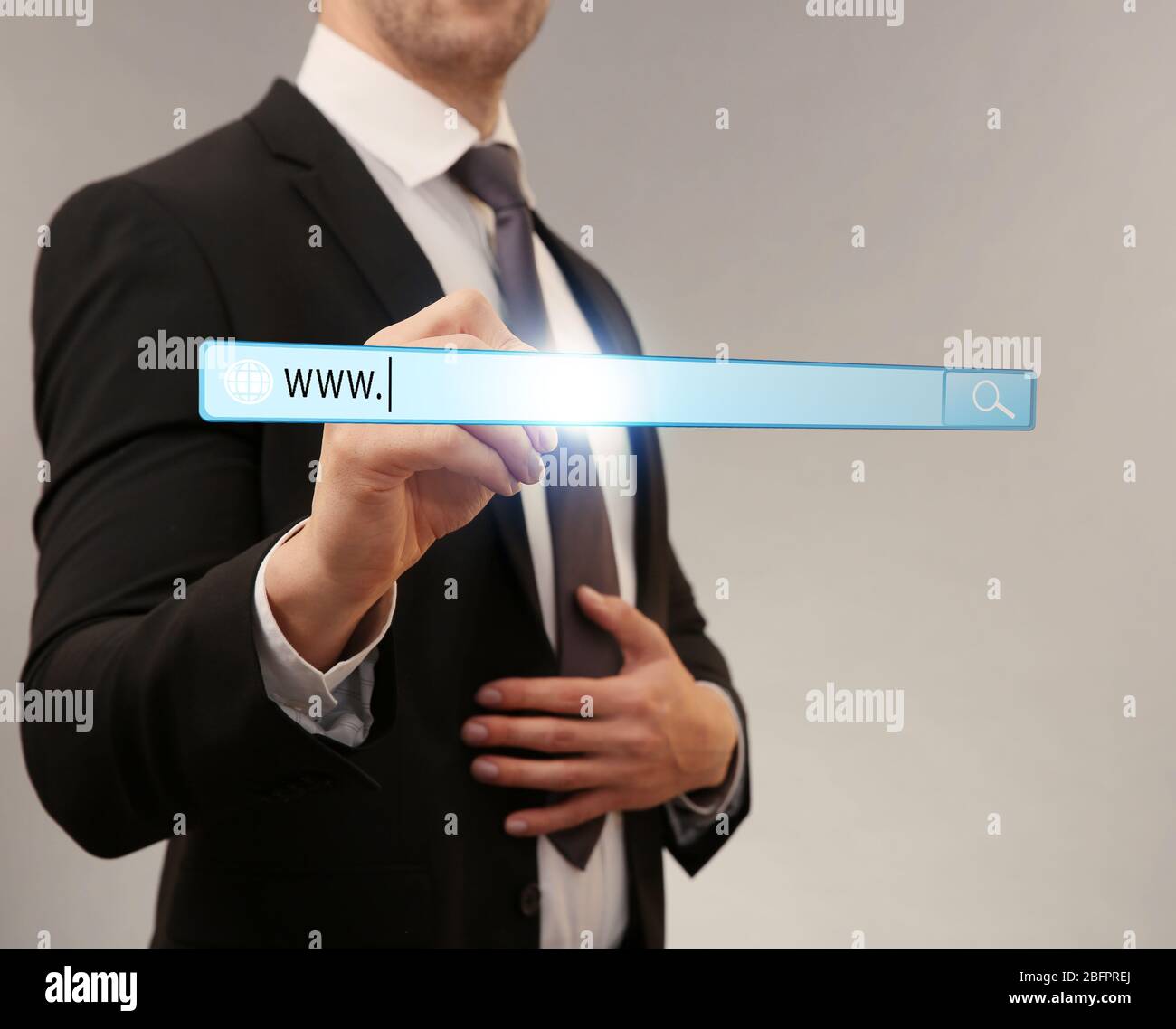 Internet shopping concept. Man clicking on browser search bar, color ...