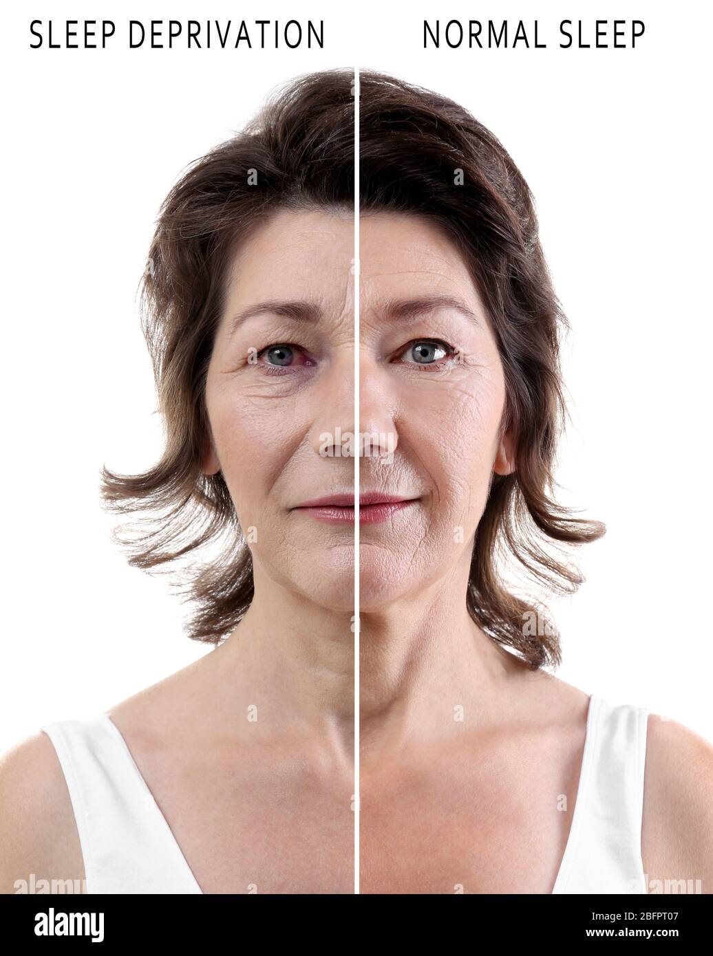 Mature woman before and after exhaustion caused by sleep deprivation on ...