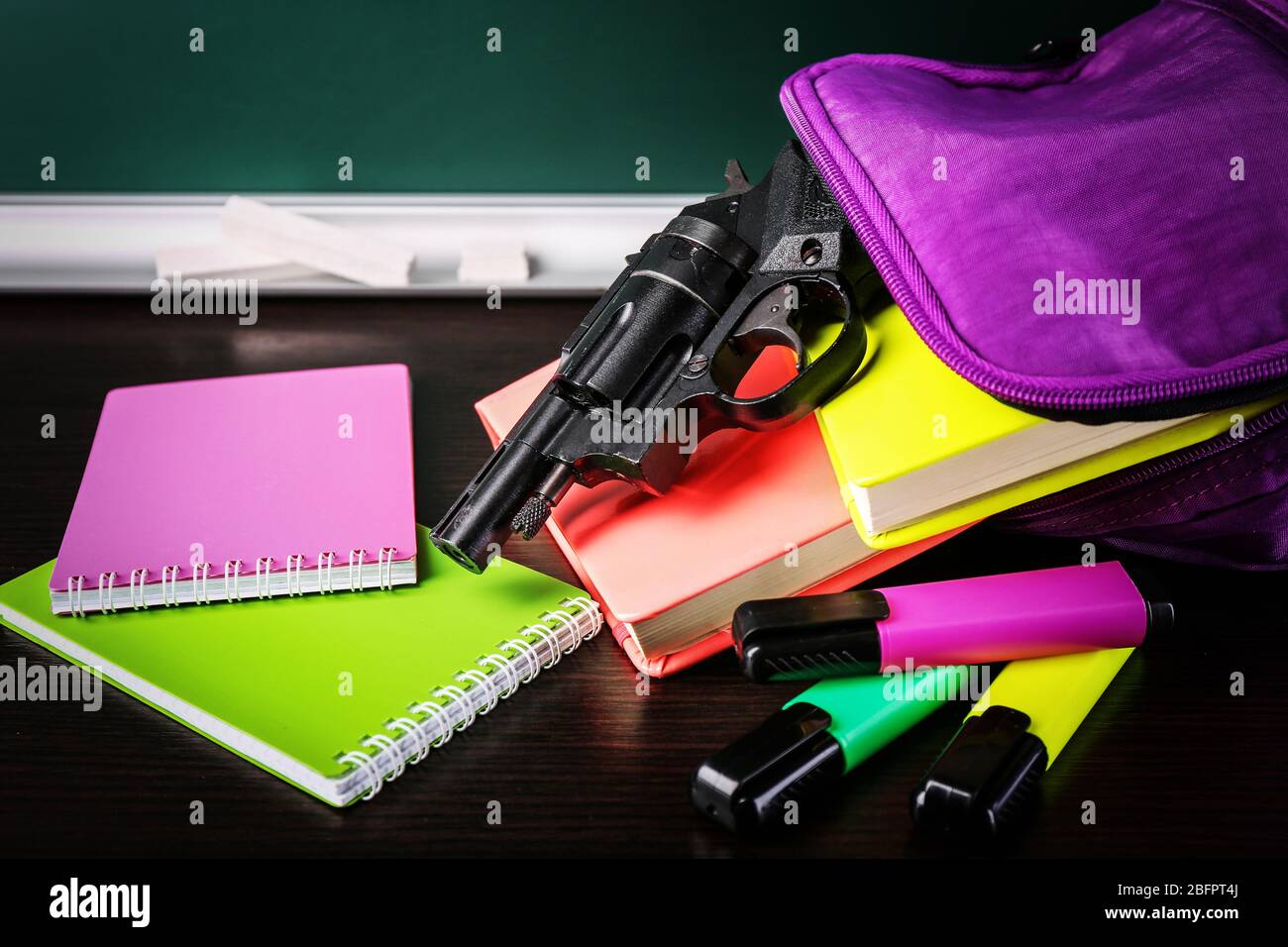 Backpack with gun and supplies on table. School shooting concept Stock ...
