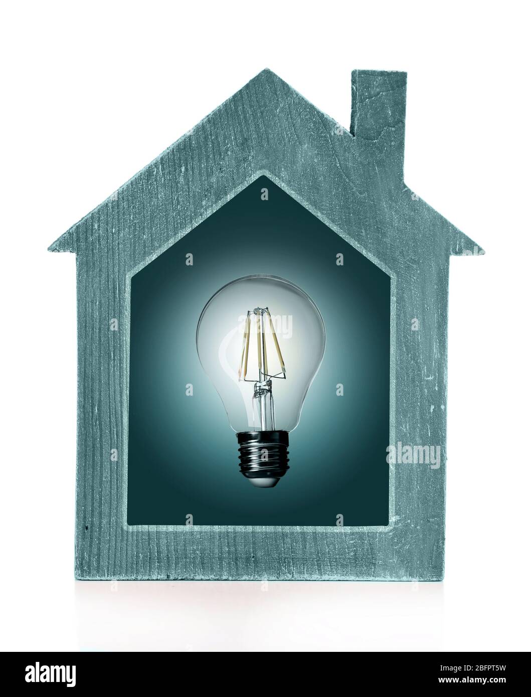 Model of house and light bulb on white background. Concept of energy ...