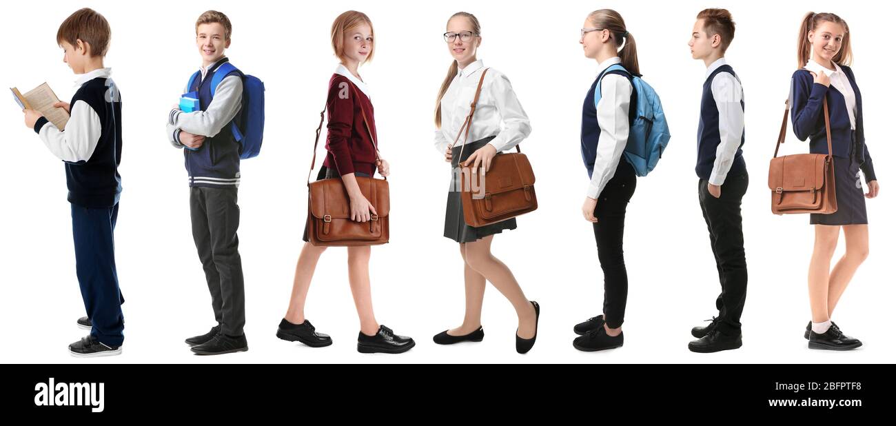 Collage of children in different school uniforms on white background ...