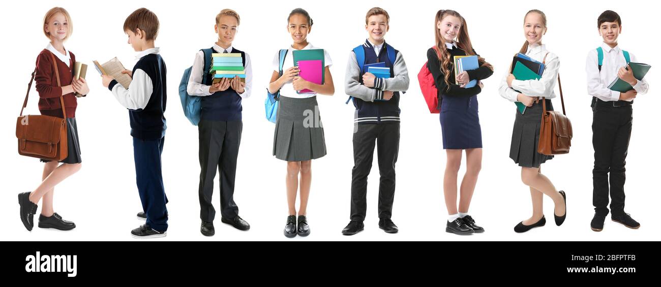 Collage of children in different school uniforms on white background ...