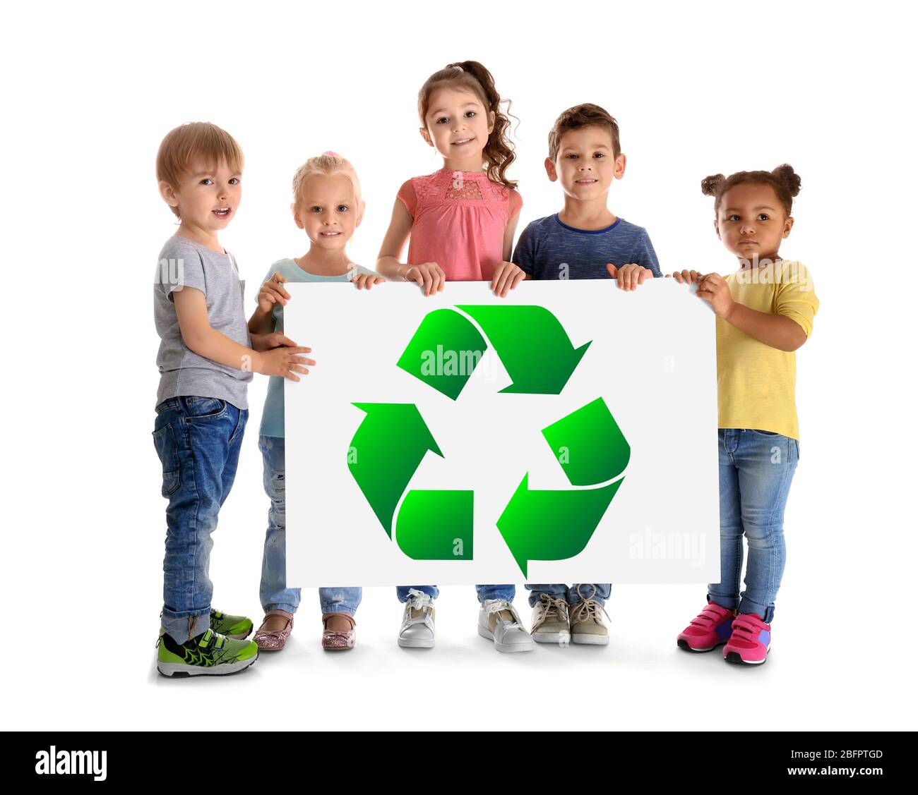 Little children holding poster with sign of recycling on white ...