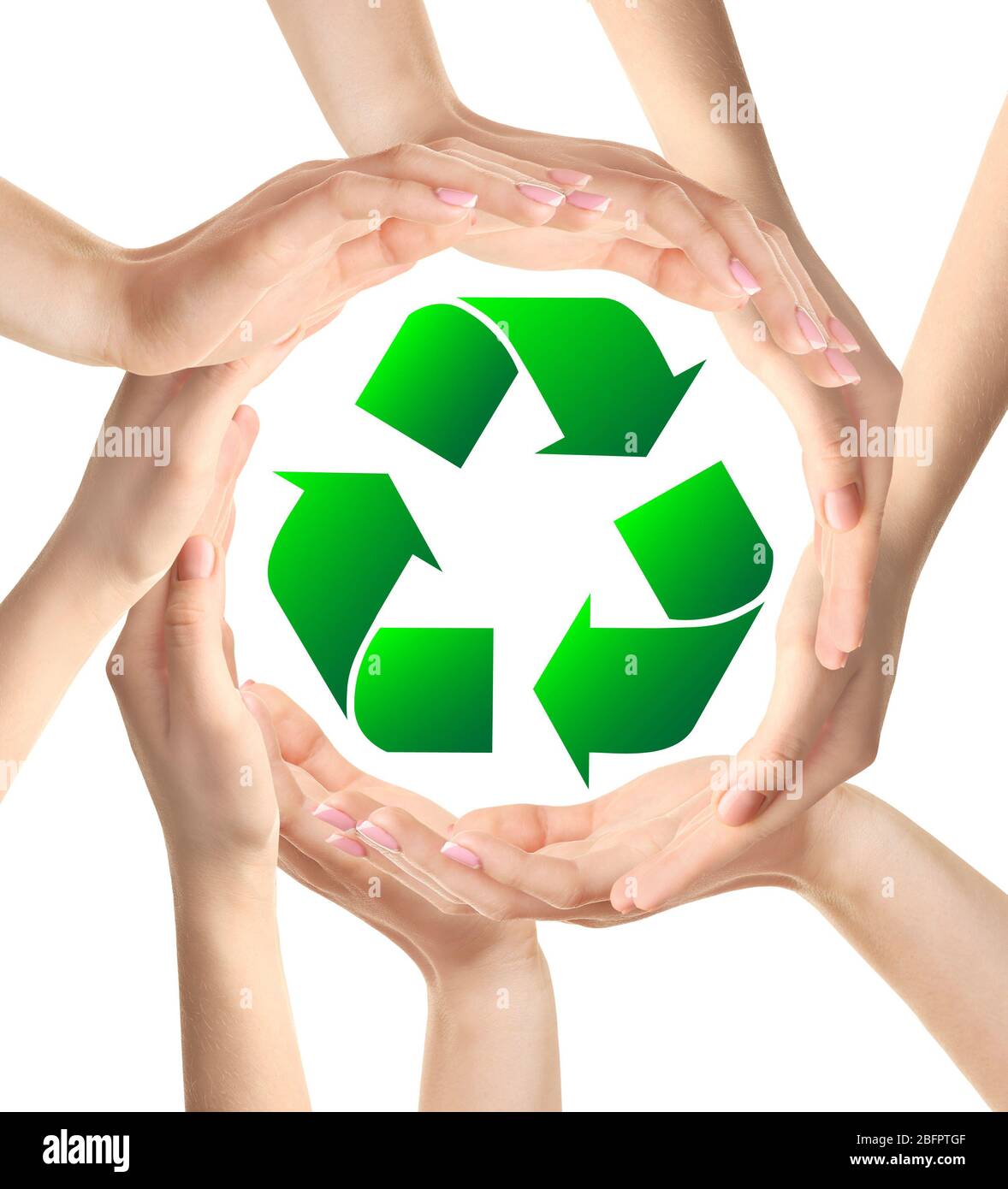 Female hands making circle around sign of recycling on white background ...