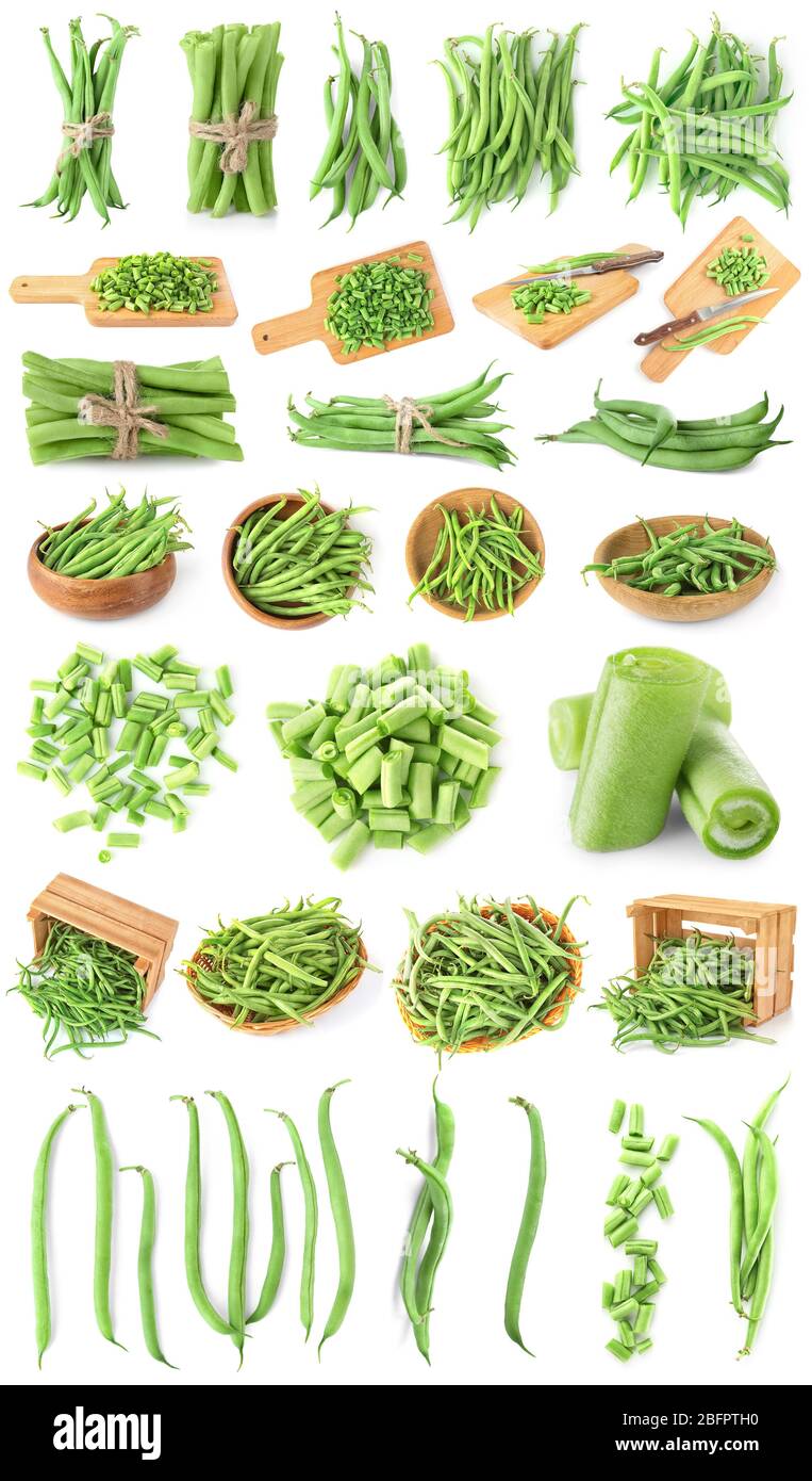 Collage of green beans on white background Stock Photo - Alamy