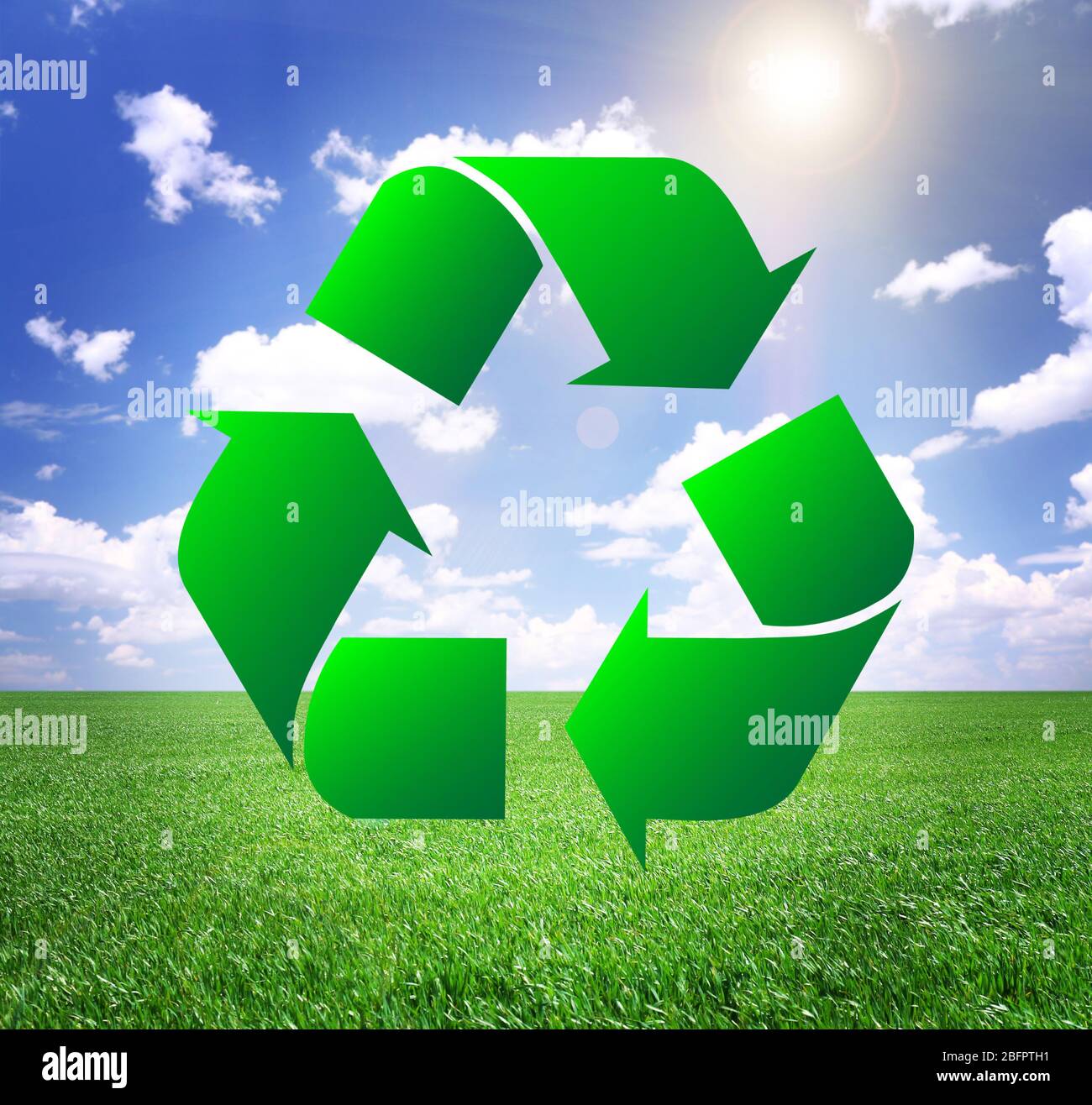 Sign of recycling on landscape background. Ecology and environment ...