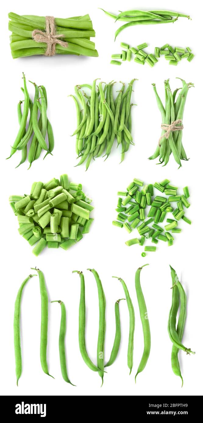 Collage of green beans on white background Stock Photo - Alamy