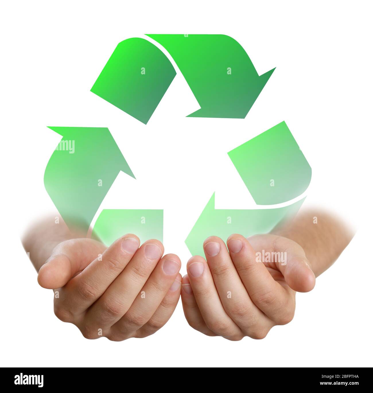 Male hands holding sign of recycling on white background. Ecology and ...