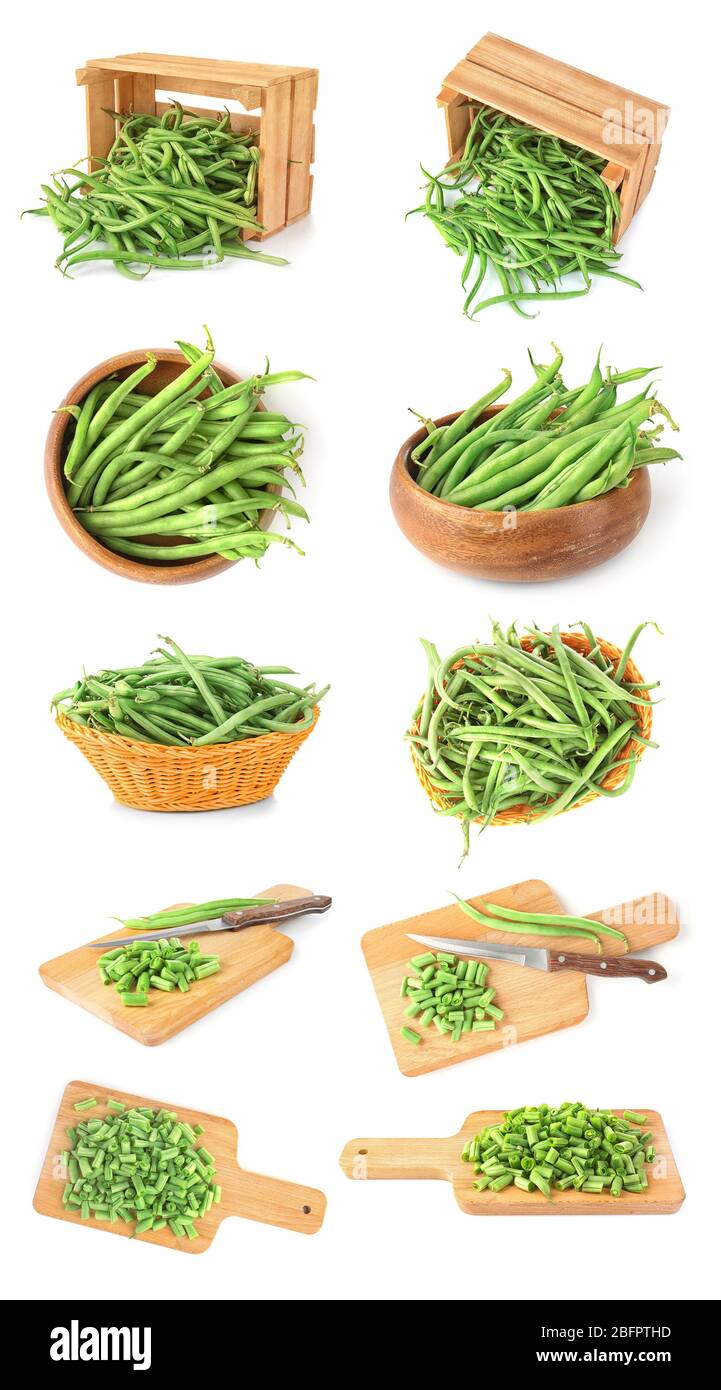 Collage of green beans on white background Stock Photo - Alamy