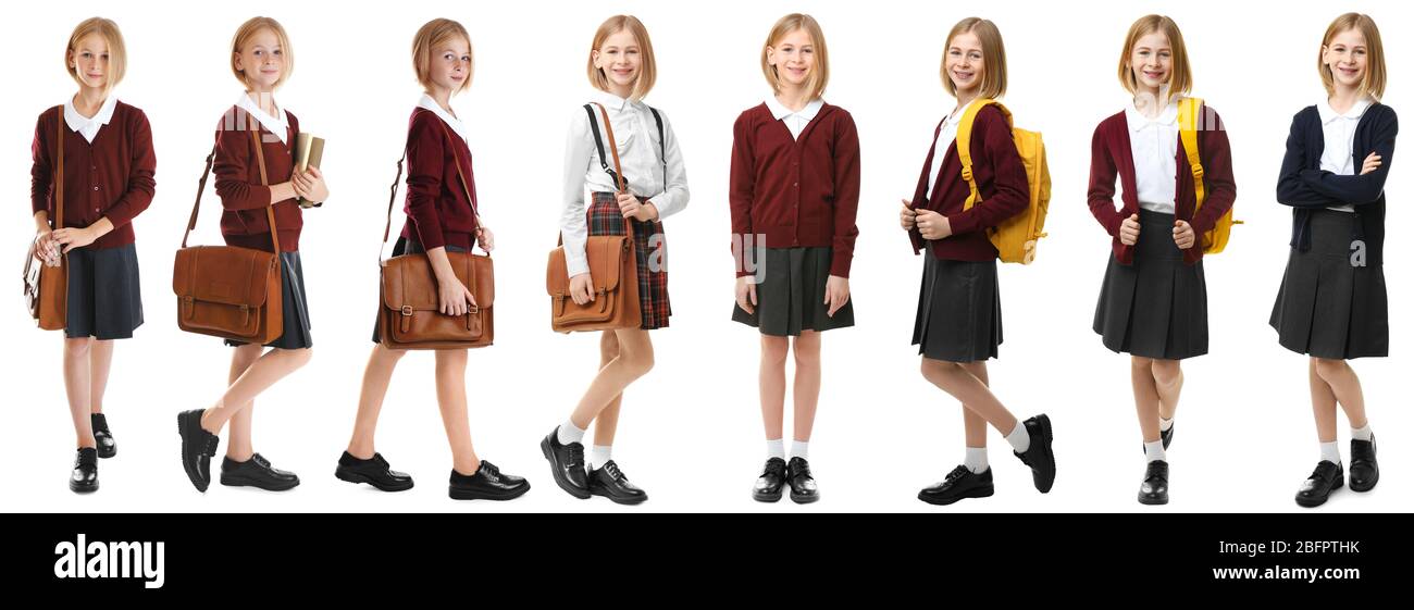 Collage of girl in different school uniforms on white background Stock ...