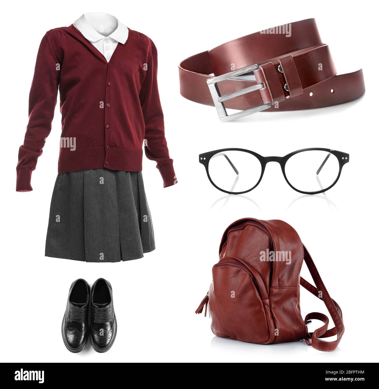 Set of school uniform with accessories for girl on white background ...