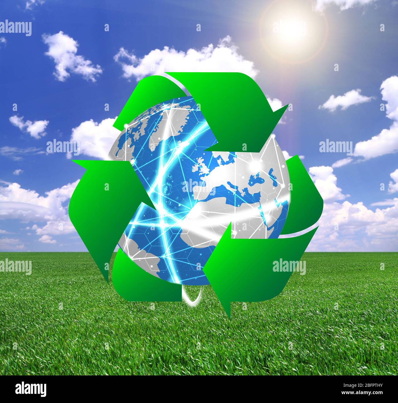 Globe and sign of recycling on landscape background. Ecology and ...